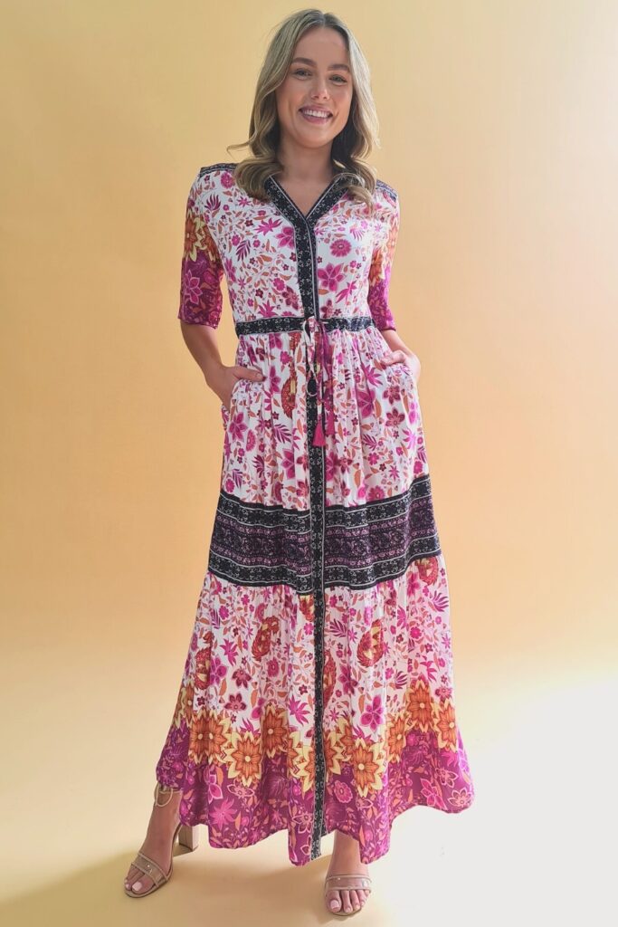 FLORAL BORDER PRINT MAXI DRESS WITH TRIM - Bali Fresh Australia